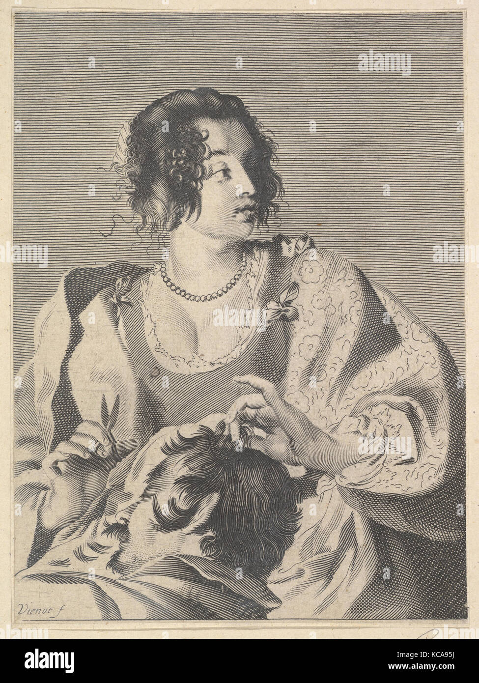 Delilah preparing to cut Samson's hair with scissors in her right hand ...