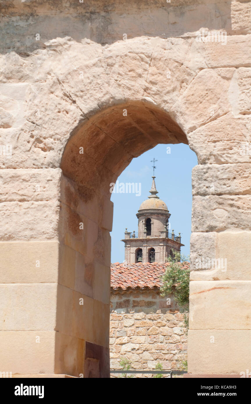 Santa Maria church viewed from the Roman arch. Medinaceli, Soria ...