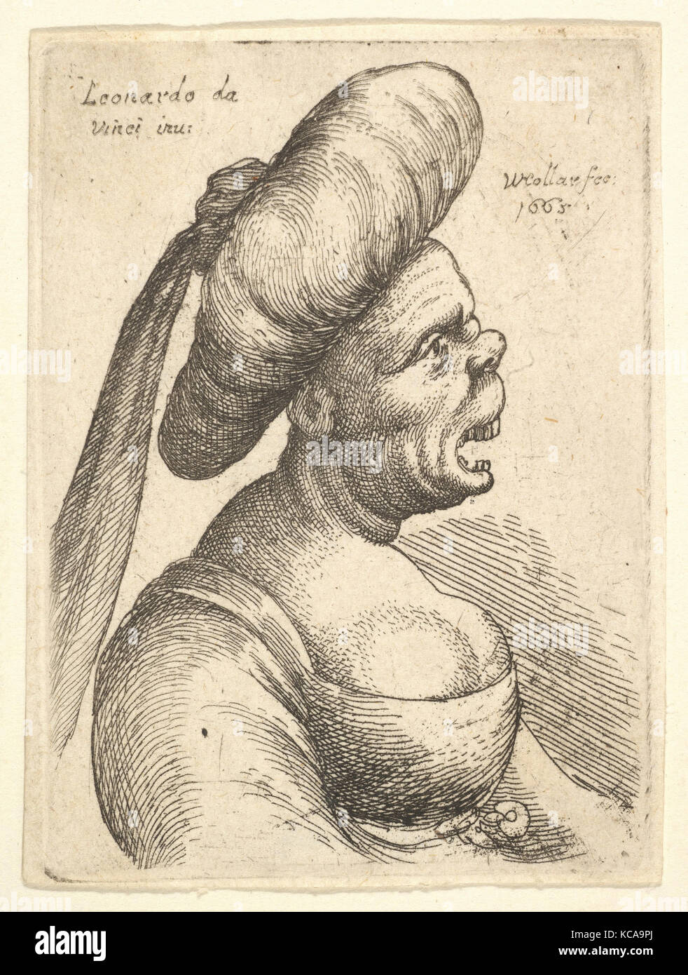 Bust of woman with wide open mouth and up-turned nose, wearing large ...