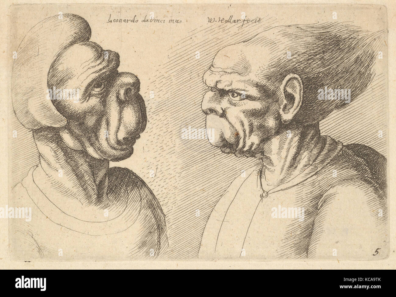 Two deformed heads facing inwards, After Leonardo da Vinci, 1625–77 ...