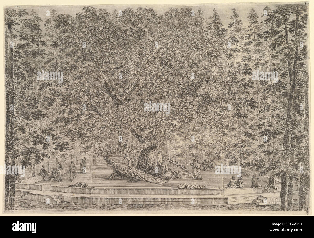 A large inhabited tree in center with ramps leading around the trunk ...