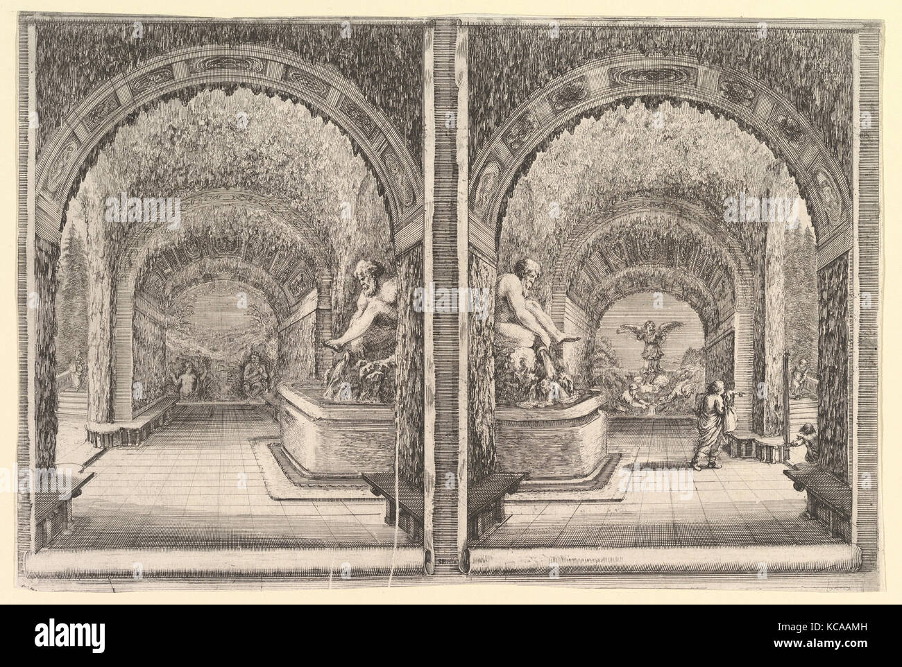 Two views of a grotto, both views with a fountain with a seated statue ...