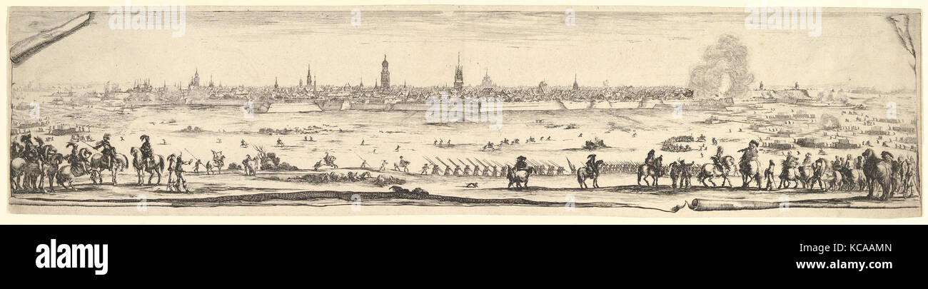 Plan and view of the city of Arras, depicting a siege with horsemen in ...