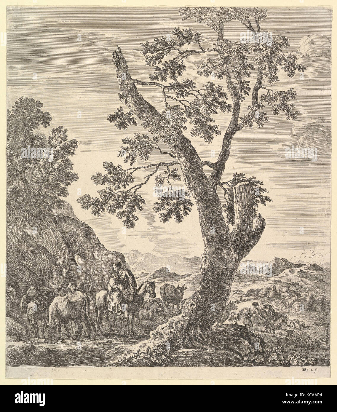 A shepherd with two horses and a peasant woman on horseback with a ...