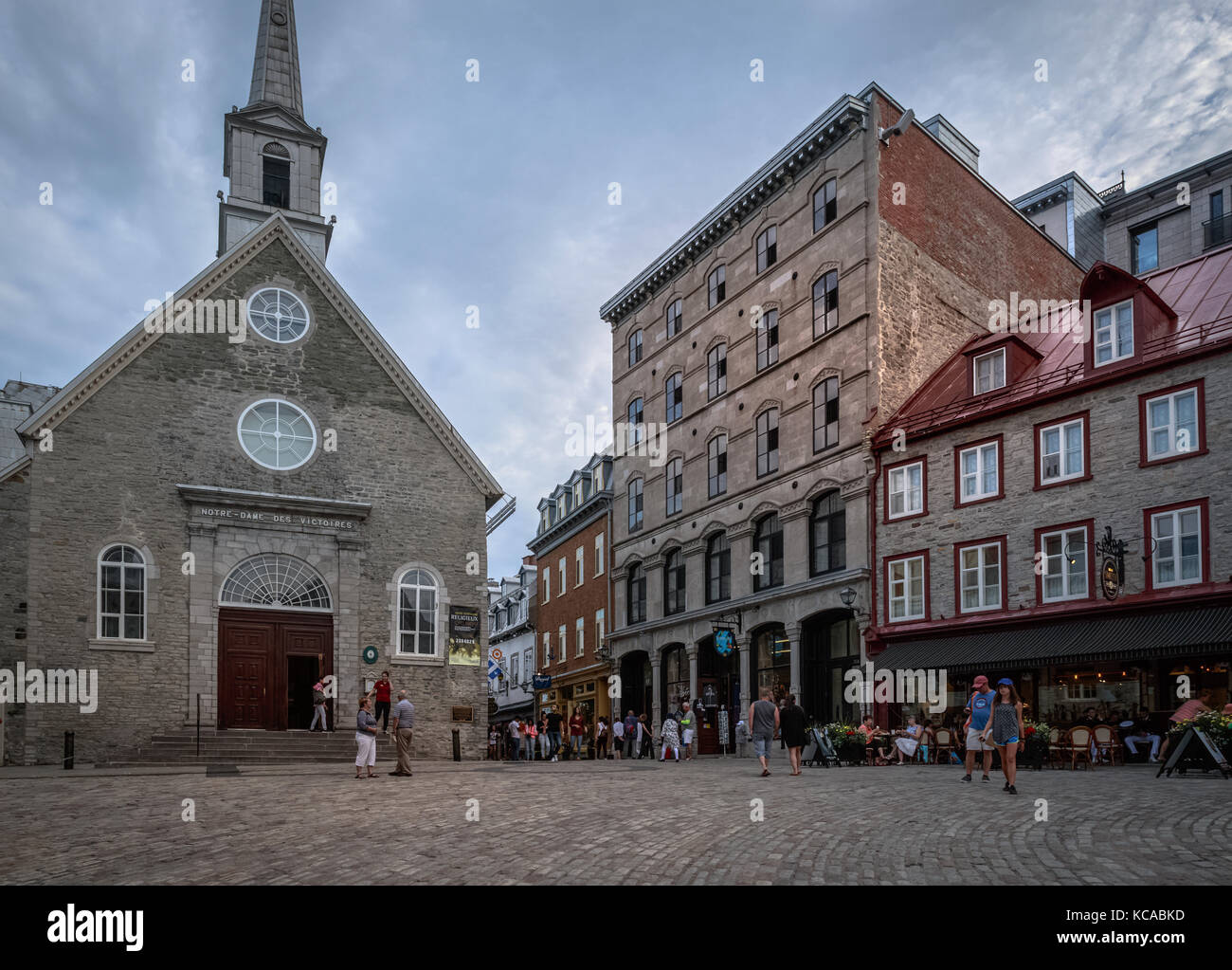 Small church and cobblestone streets in an historic section of Quebec ...