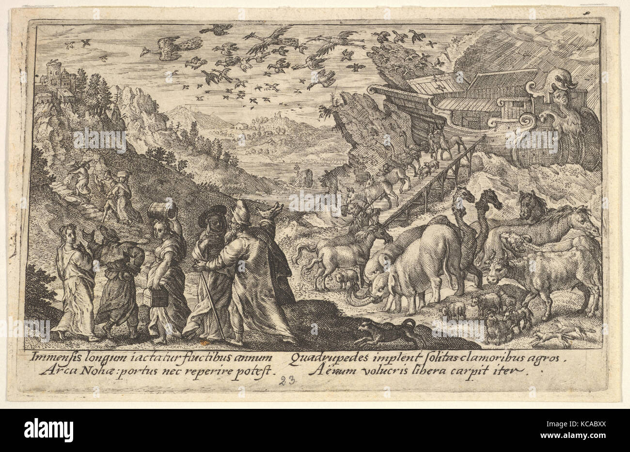 Noah leaving the ark with his family and animals: at left Noah's family ...
