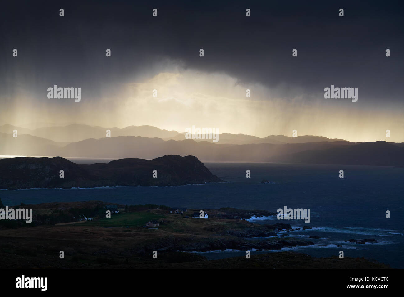 Heavy rain over coastal crofts at Loch Ewe, Scottish Highlands ...