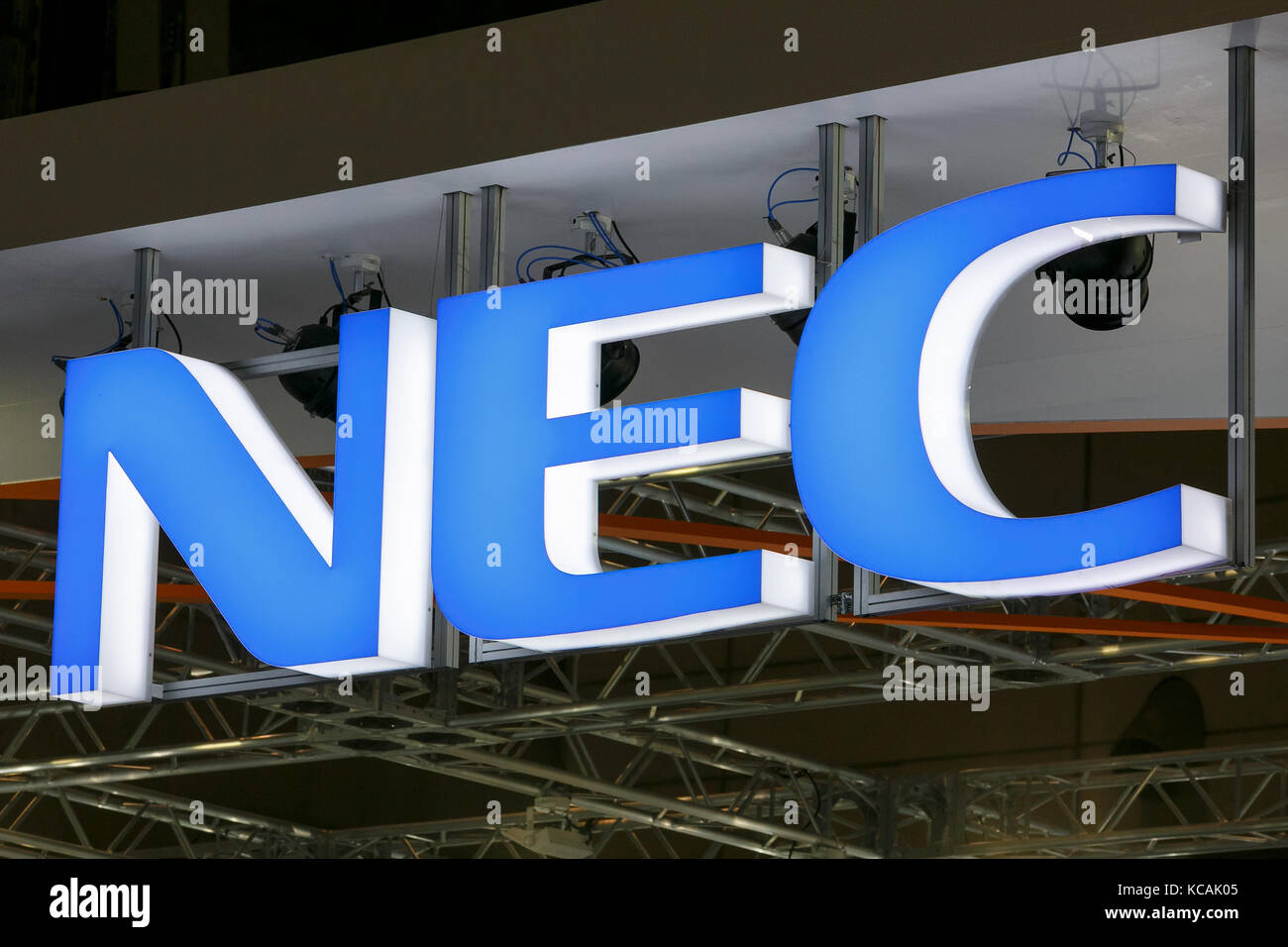A logo of NEC company on display at CEATEC Japan 2017 on October 3 ...