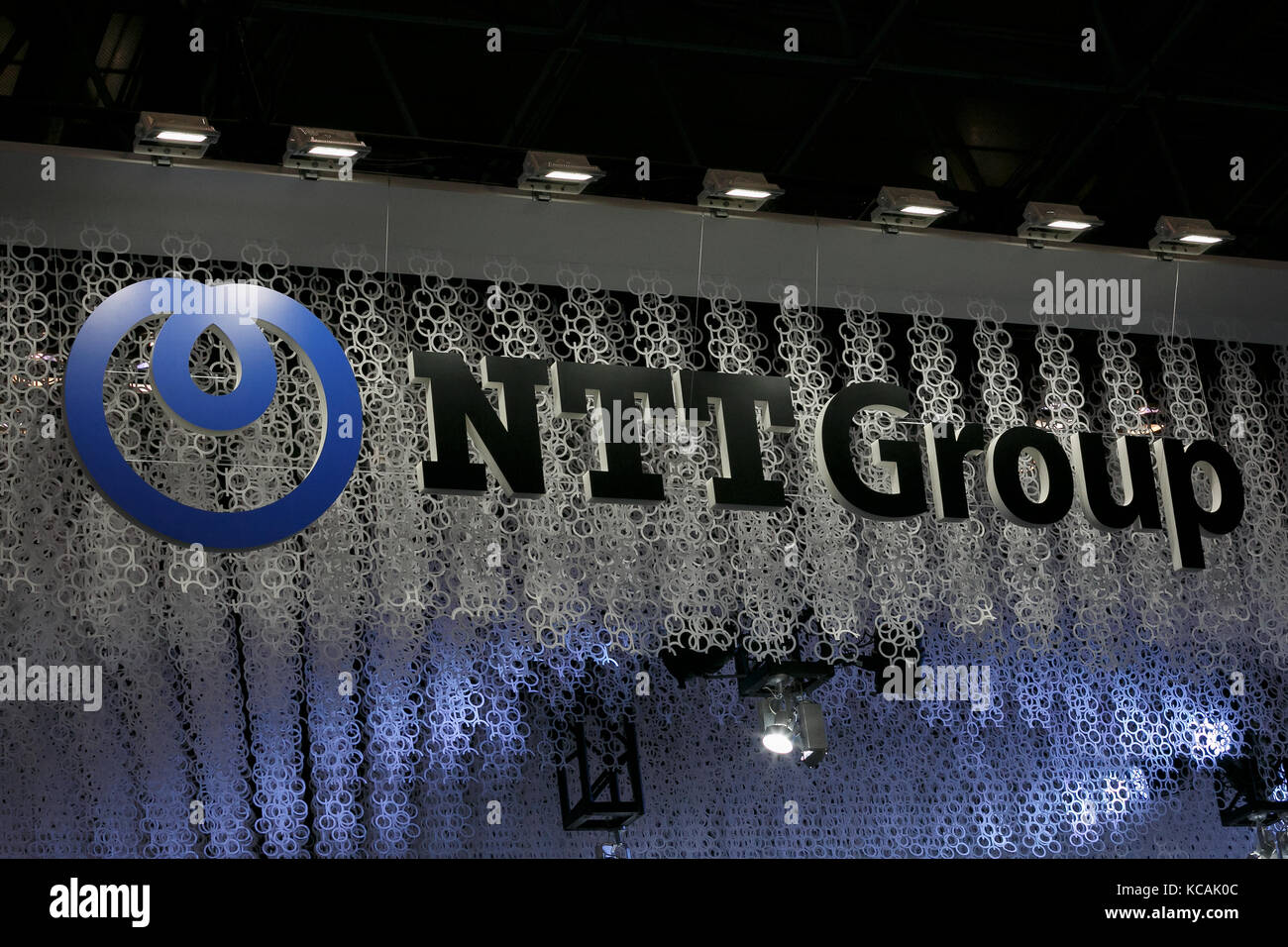 A logo of NTT Group on display at CEATEC Japan 2017 on October 3, 2017 ...