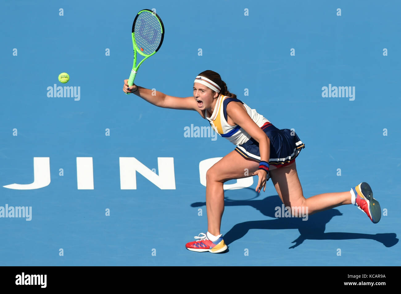 Beijing, China. 4th October, 2017. Jelena Ostapenko of Latvia returns ...