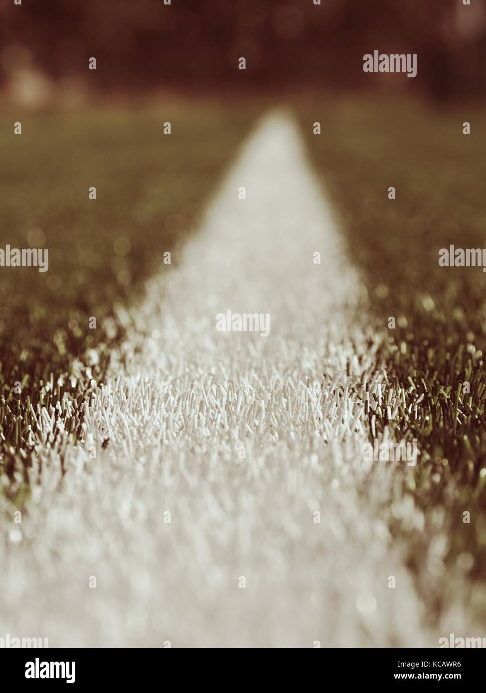 White line marks painted on artificial green turf background. Winter ...