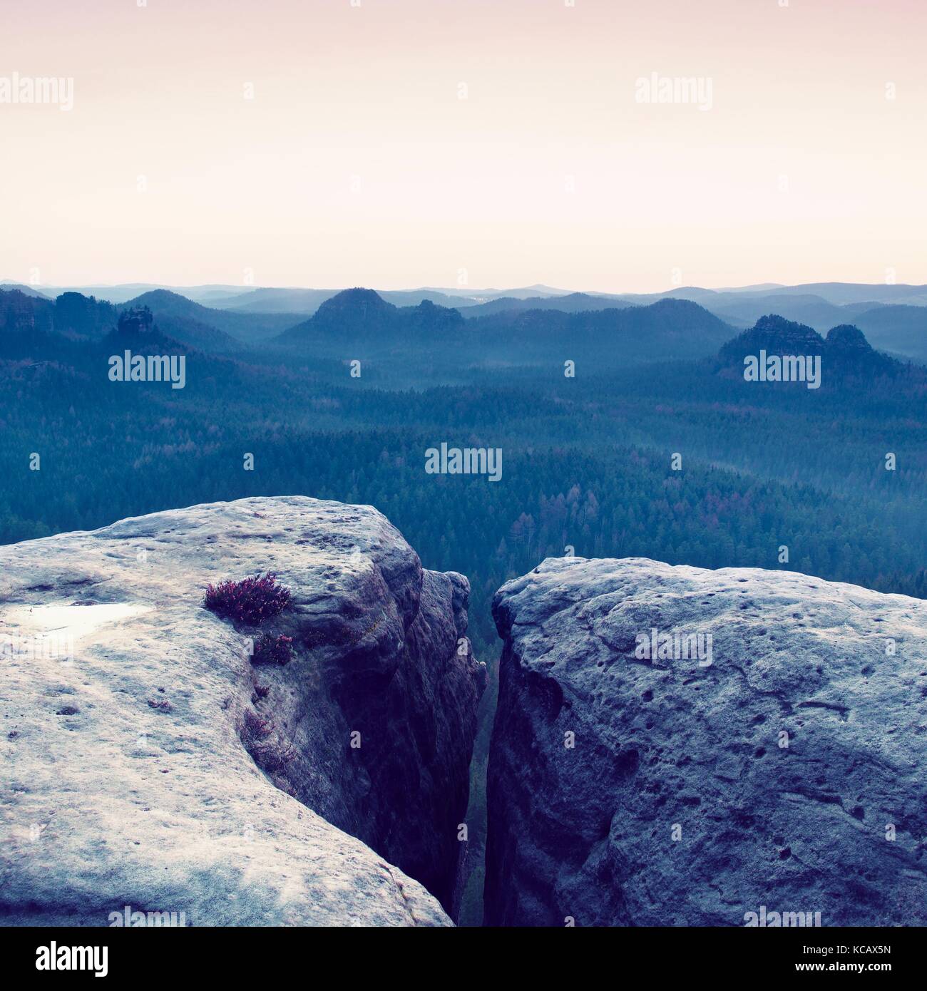 Morning view over sandstone cliff into forest valley, daybreak Sun at ...