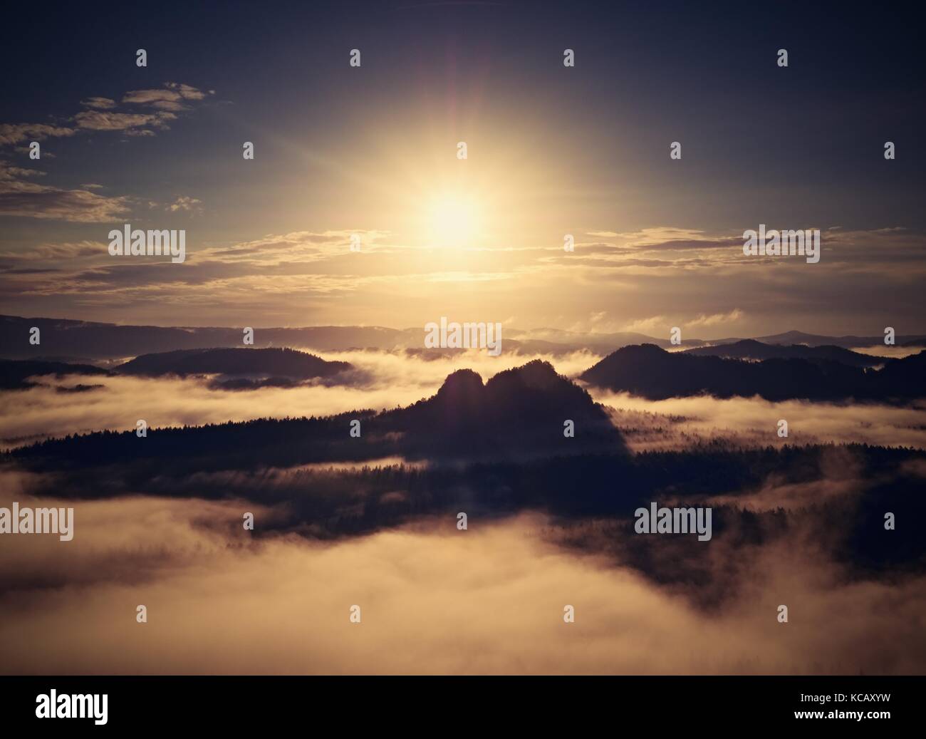 Marvelous sunrise, view in a beautiful landscape within inversion ...