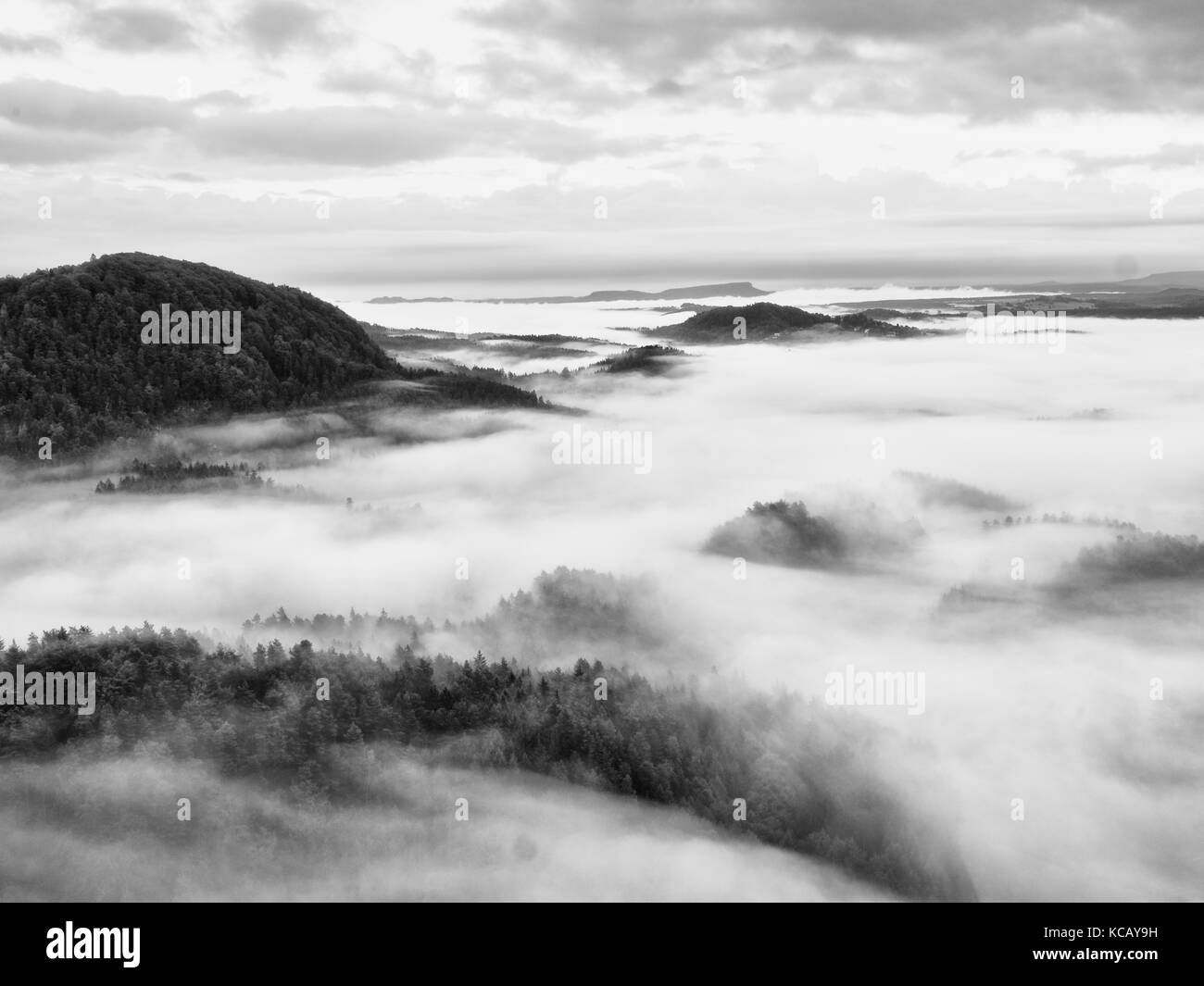 Heavy mist in landscape. Magnificent autumn creamy fog in countryside ...