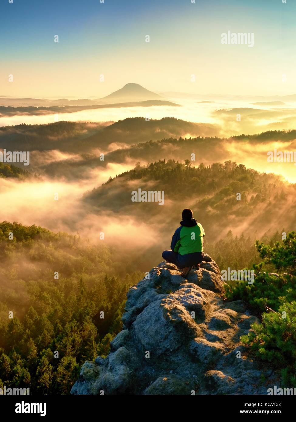 Man tourist sit on exposed rock. View point with heather and branches ...