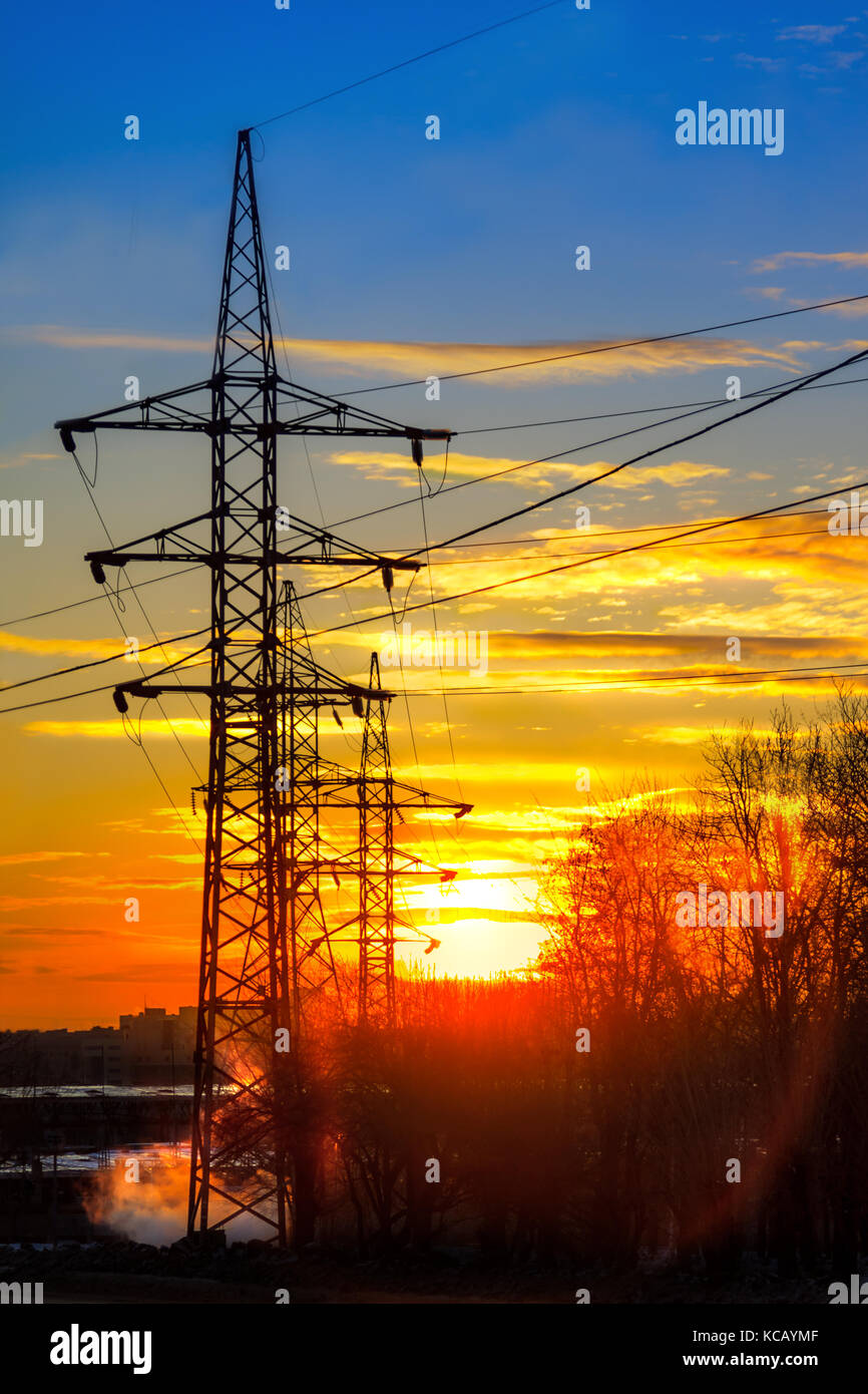 High voltage electricity pylons and transmission power lines on the ...