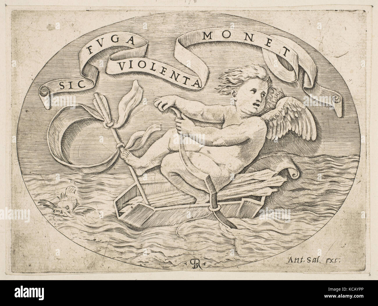 Eros Escaping by Sea; Cupid using his bow to propel a boat made from ...