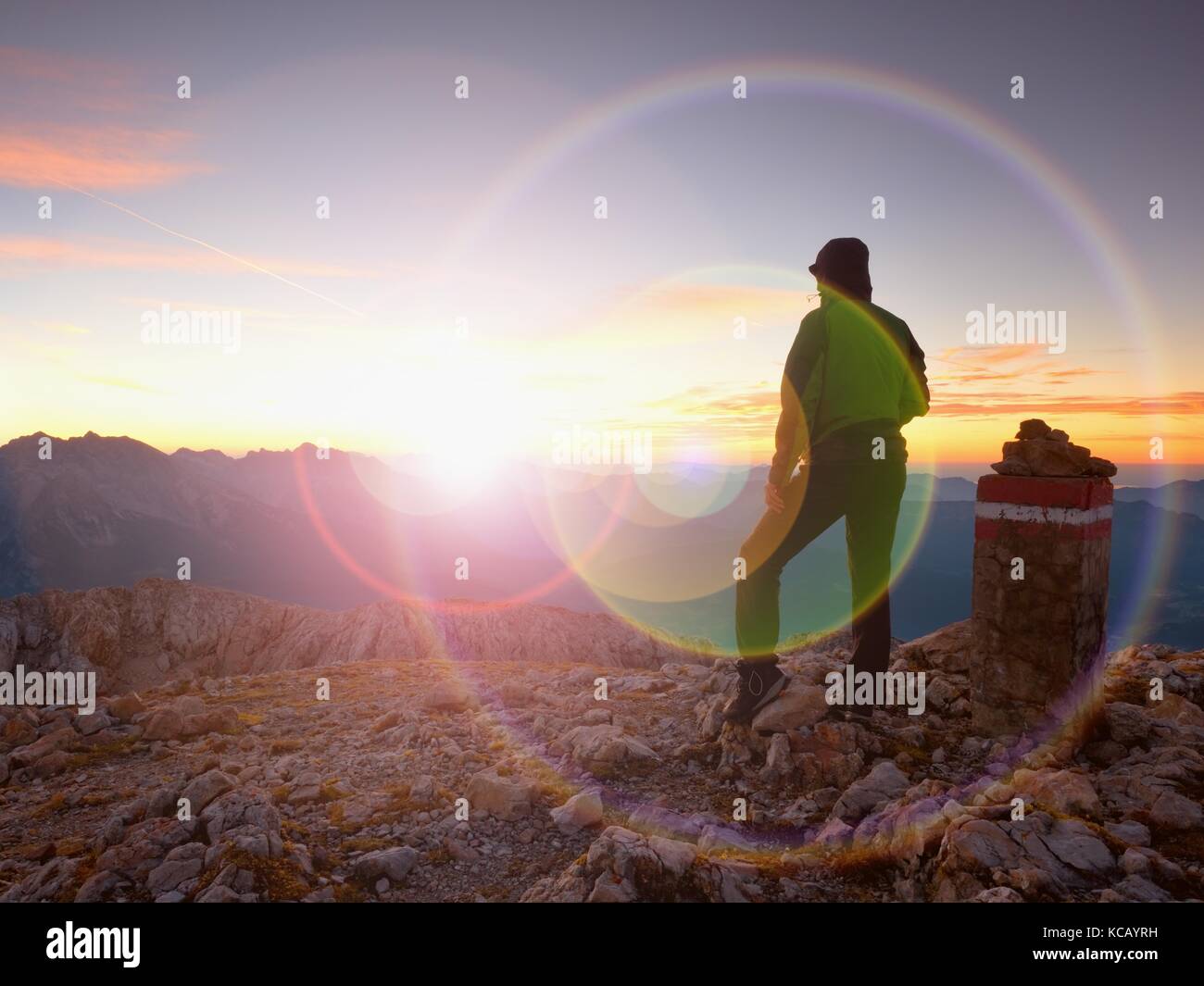 Lens flare light, strong effect. Bow light circles. Tourist at border ...