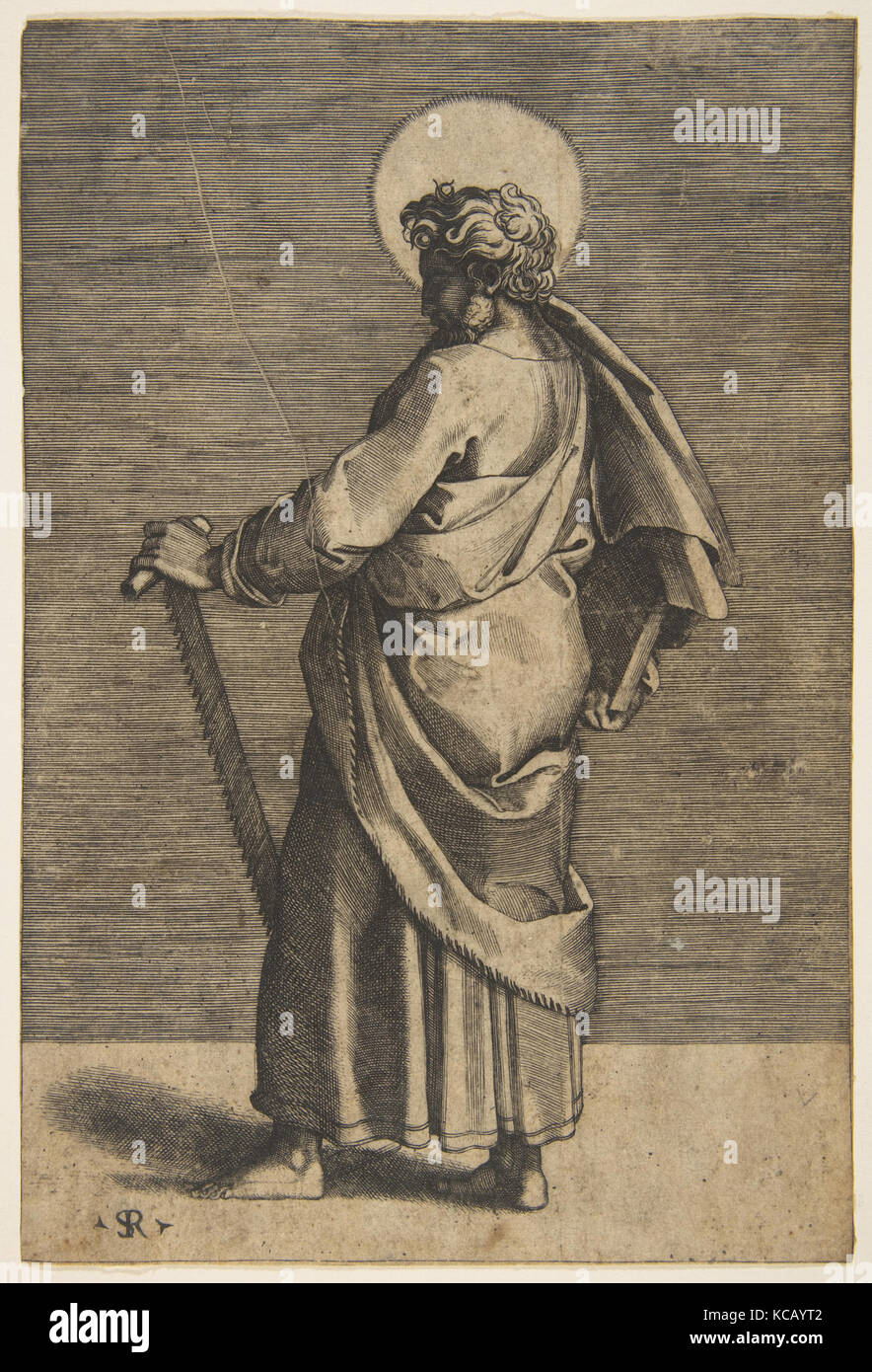 Saint Simon standing facing left, holding a saw and a book, Marco Dente ...