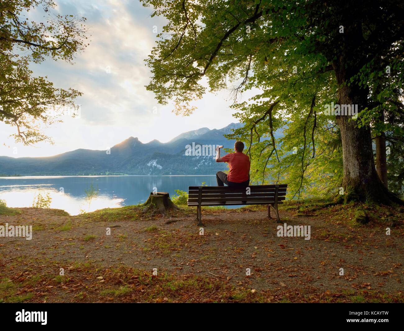 Man sit on wooden bench at mountain lake . Bank under beeches tree ...