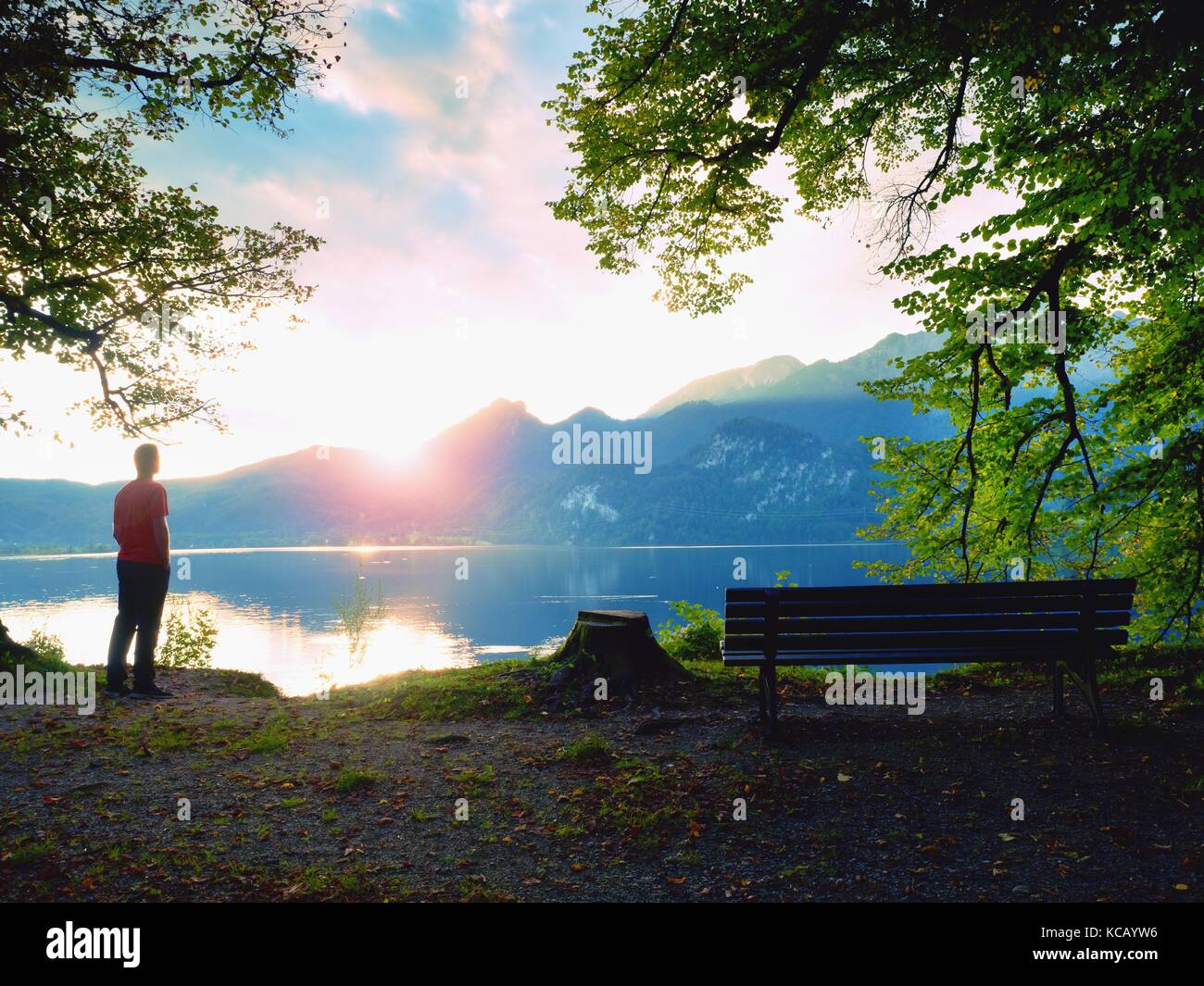Man in red tshirt walk at lake bank. Empty wooden bench, tree stump at ...