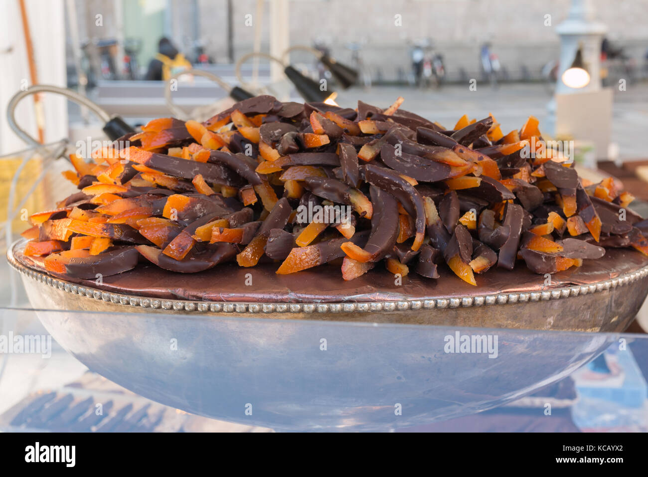 Candied Orange Rind covered with Dark Chocolate on Silver-plated Bowl ...