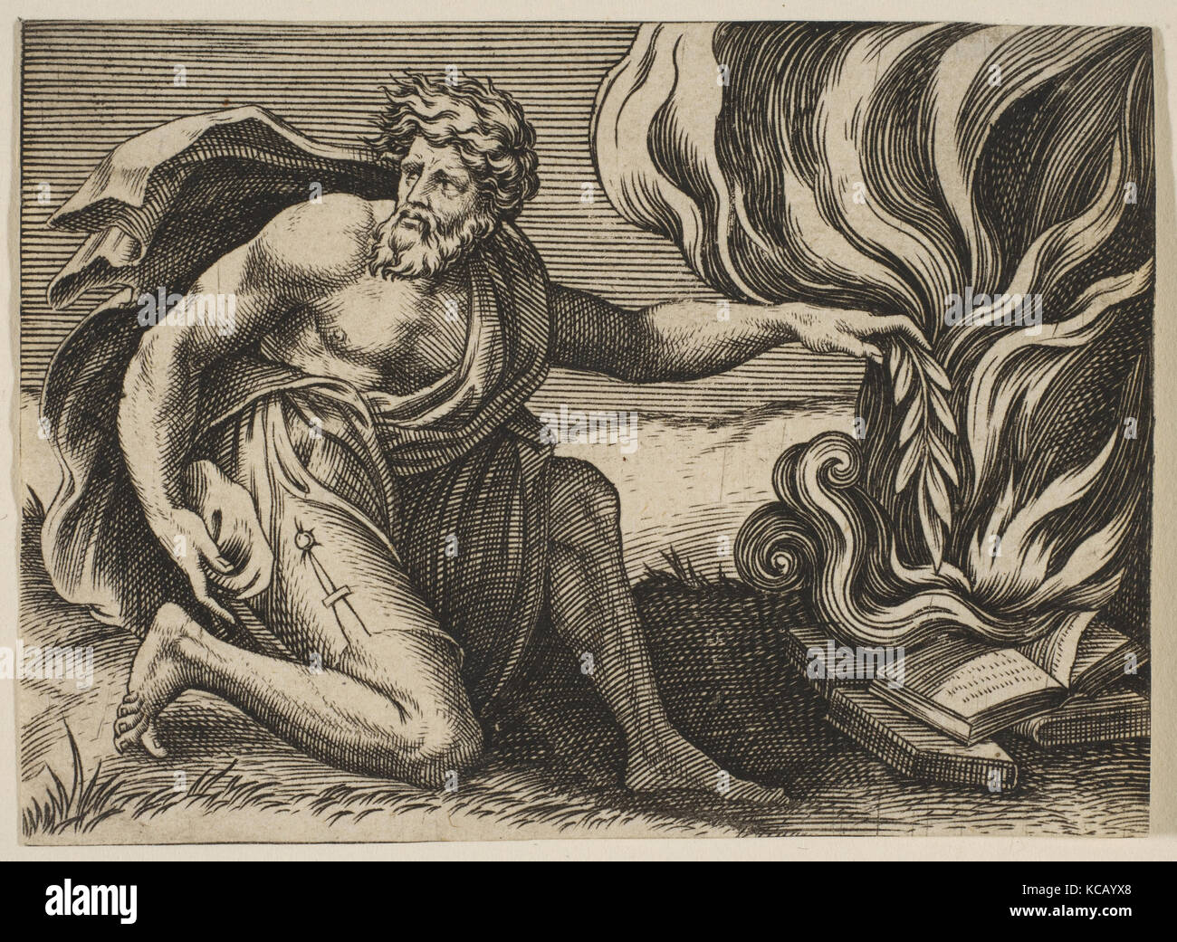 A man kneeling and placing a laurel branch upon a pile of burning books ...