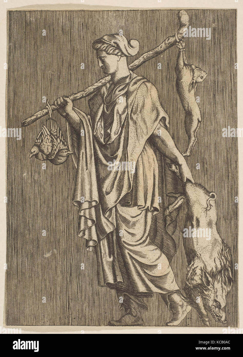 Woman returning from a hunt carrying a boar in her left hand and a ...