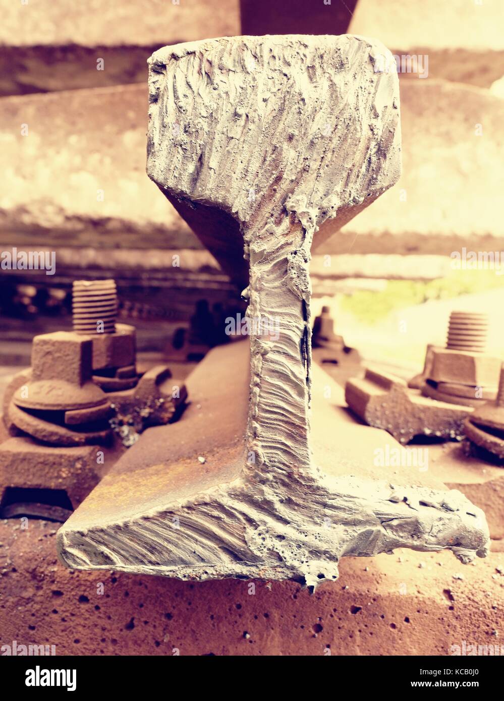 Detail of cut rail. Autogen torch cut rail rod on concrete sleeper ...