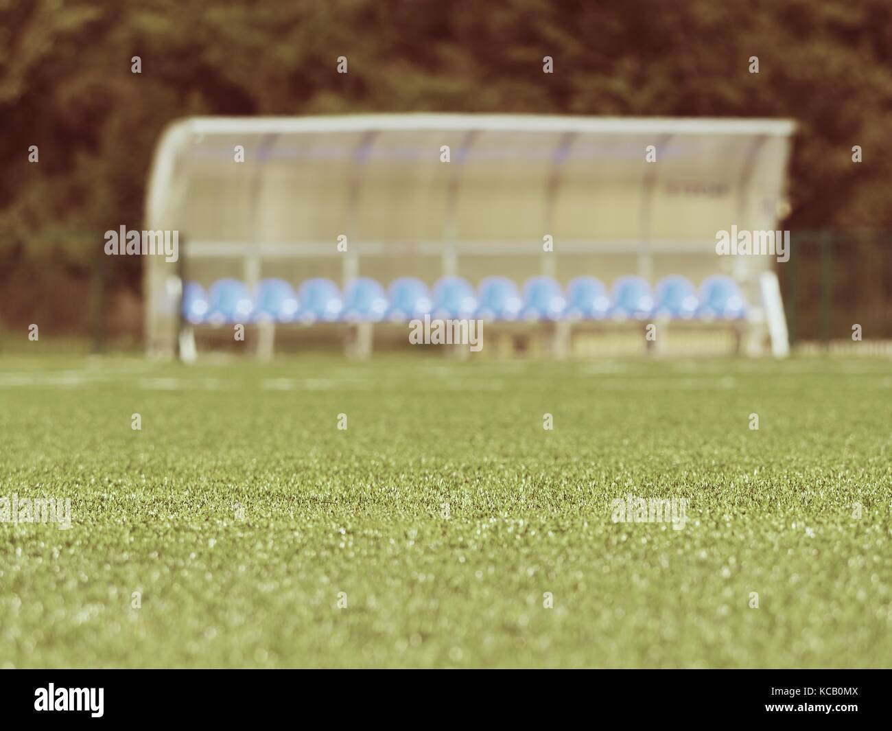 New blue plastic seats on outdoor stadium players bench, chairs with ...