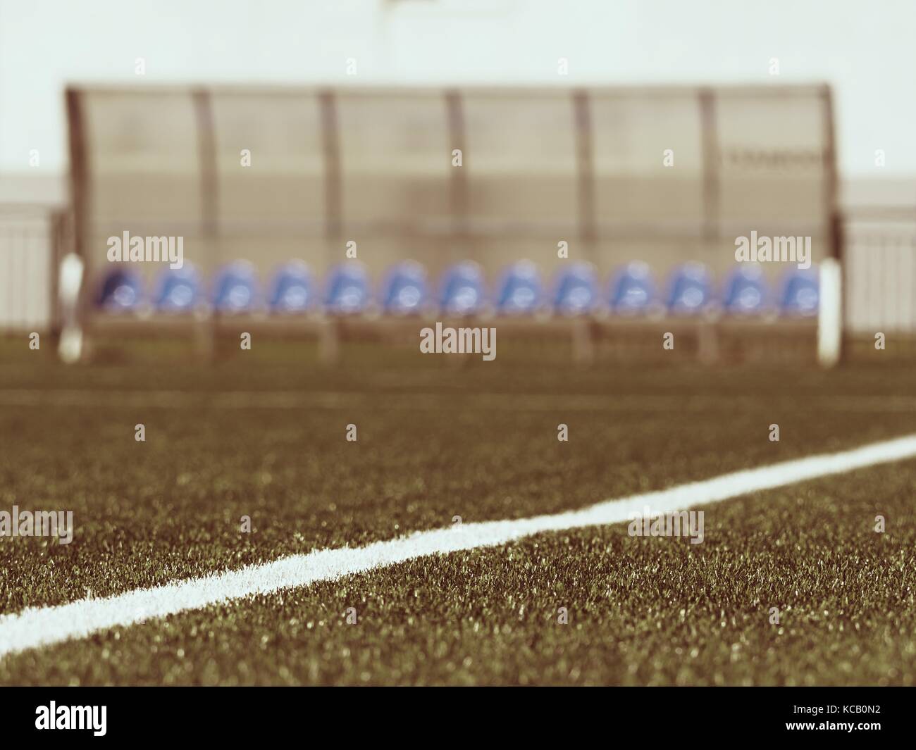 New blue plastic seats on outdoor stadium players bench, chairs with ...