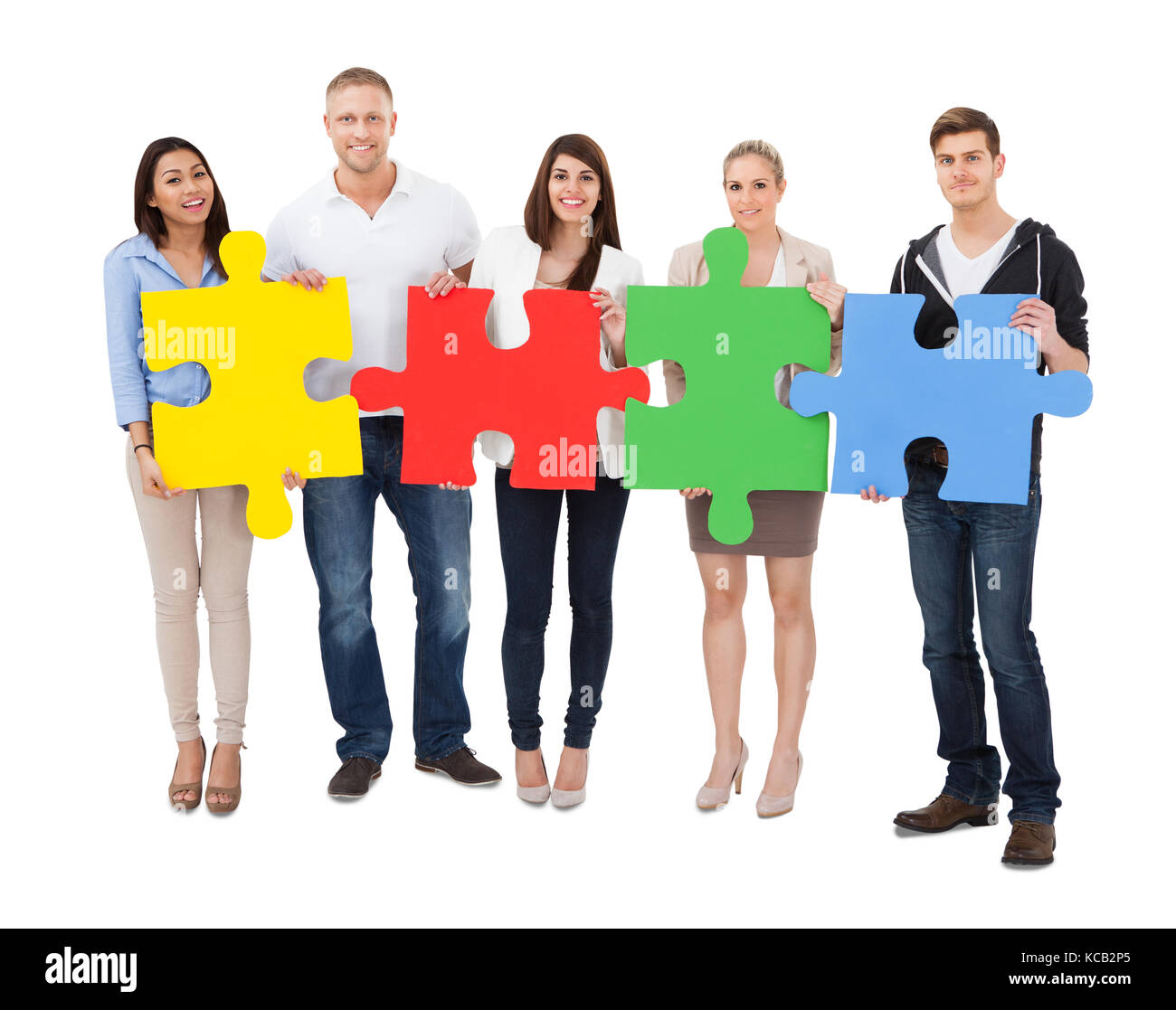 Group Of A People Assembling Jigsaw Puzzle On White Background Stock ...