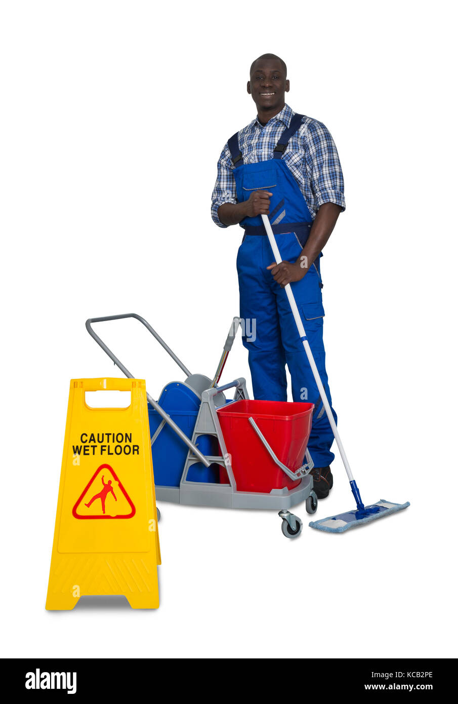 Young African Male Janitor Cleaning Floor With Mop And Cleaning ...