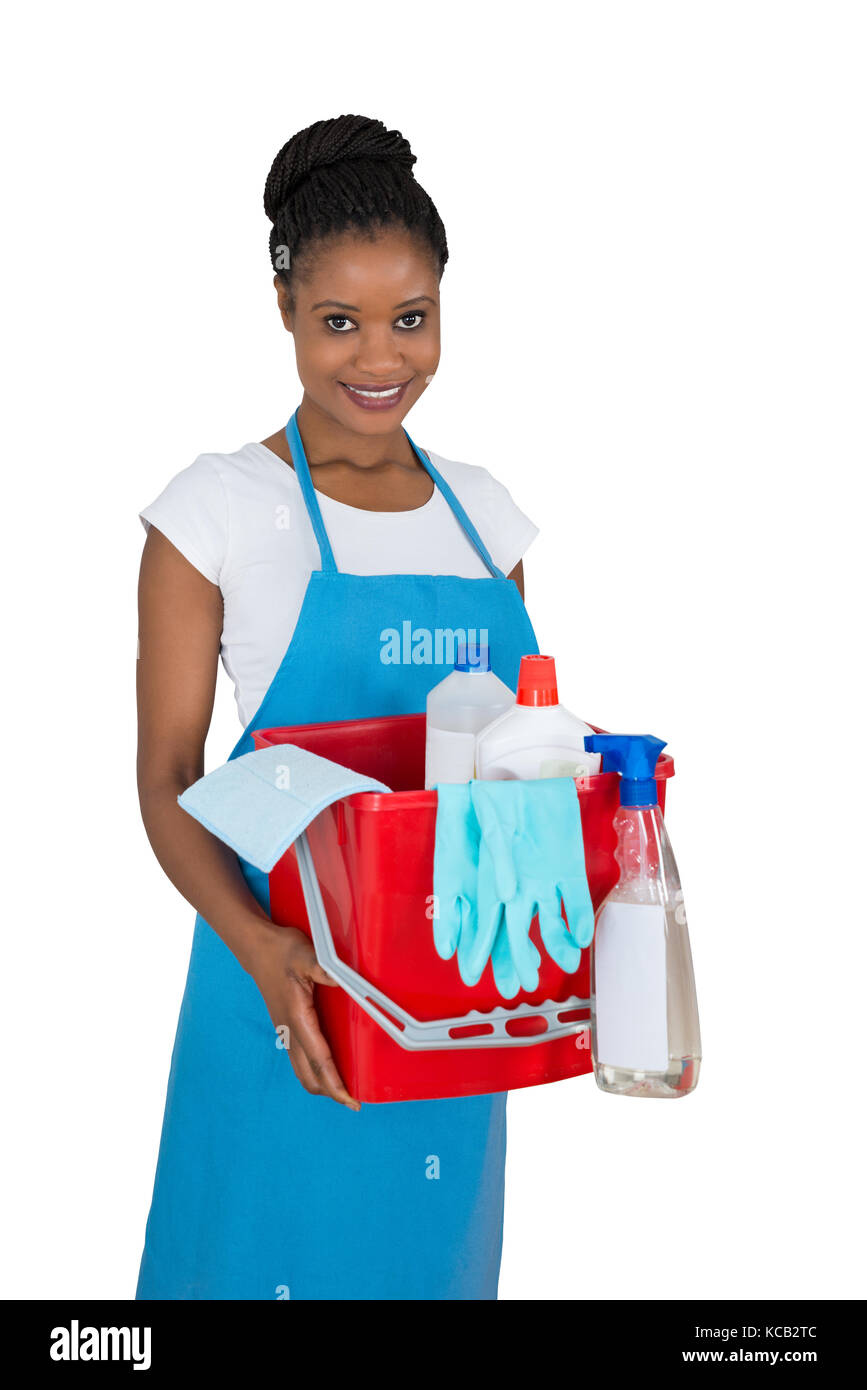 Portrait Of Female Janitor With Cleaning Equipment On White Background ...