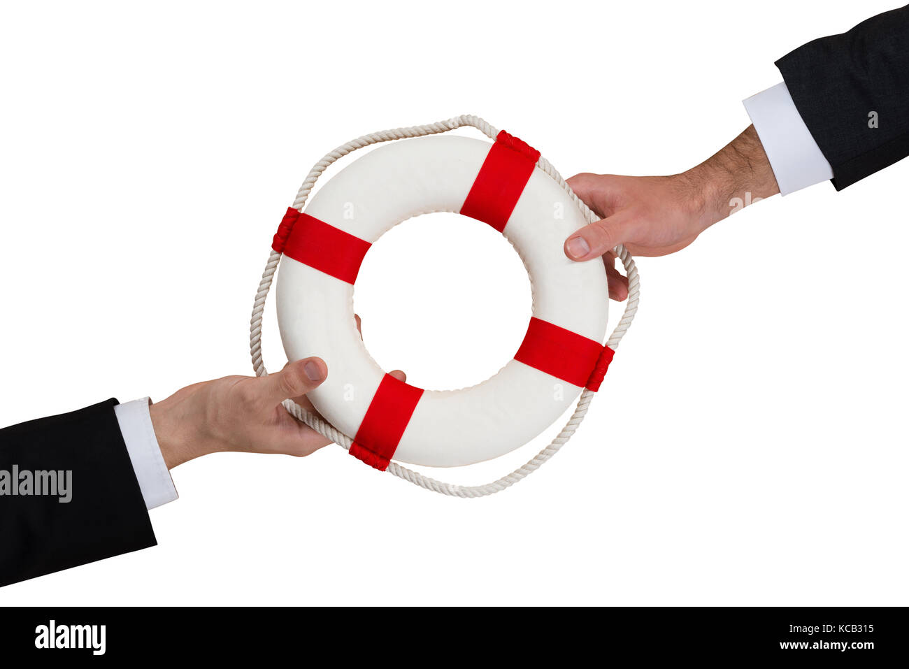 High Angle View Of A Businessmen Hands Holding Lifebelt On White ...