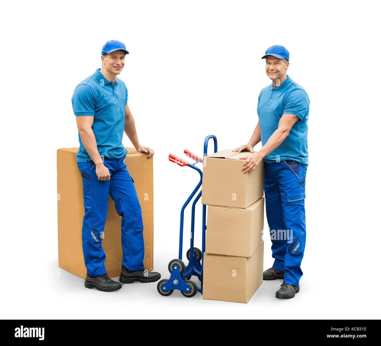Two Courier Men Standing With Cardboard Boxes On White Background Stock ...