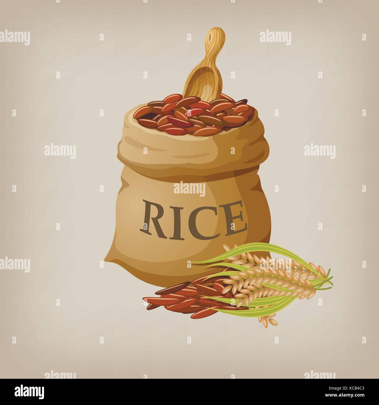 Brown natural long rice in small burlap sack. Vector illustration Stock ...