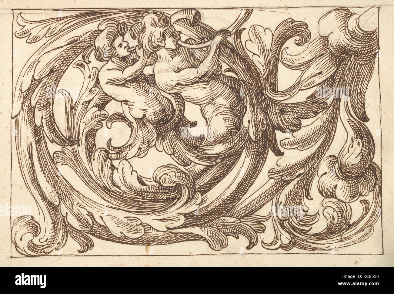 Horizontal Panel Design with Two Male Figures Playing Horns ...