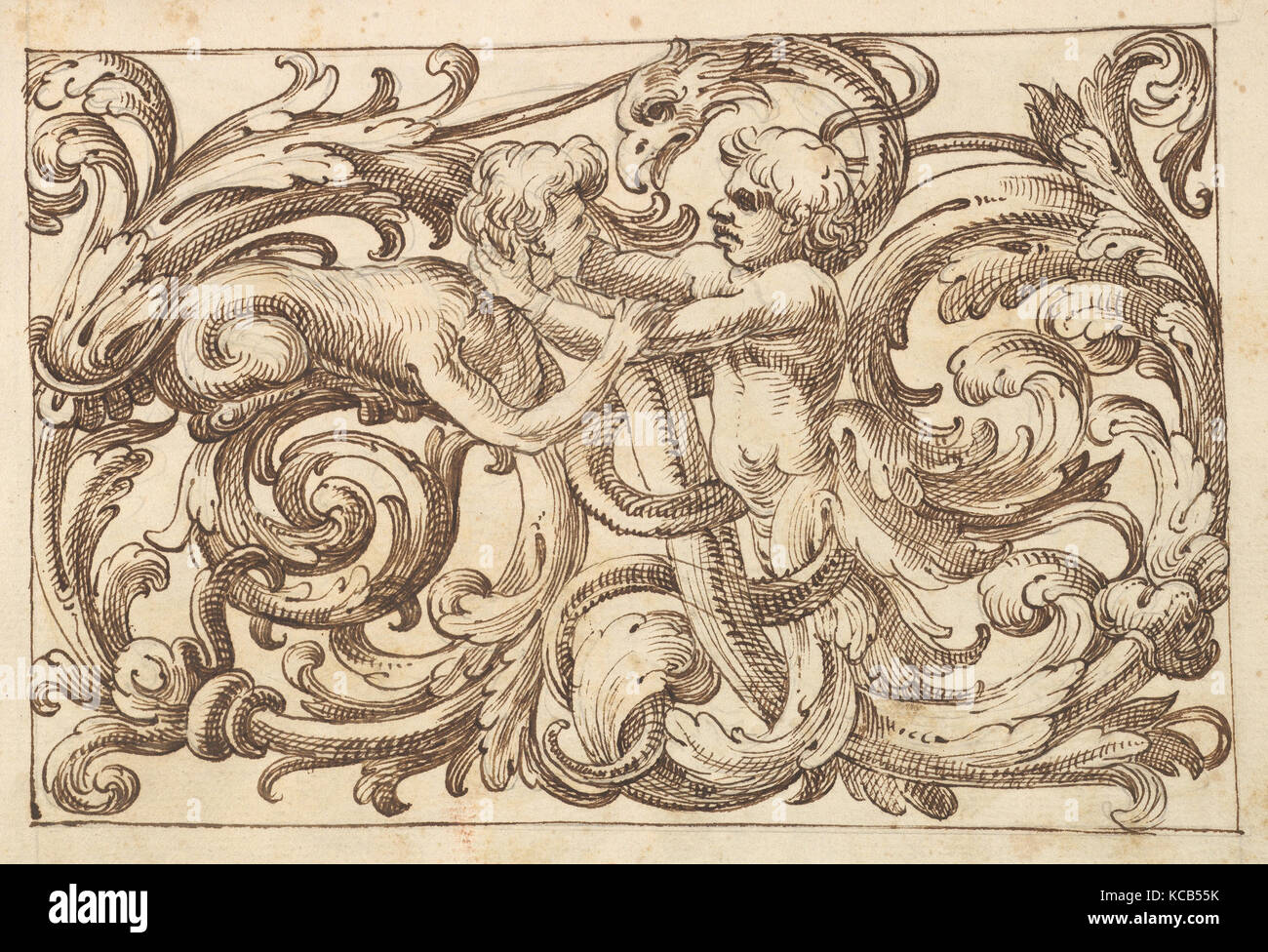 Horizontal Panel Design with a Man fighting a Sphinx and a Fantastical ...