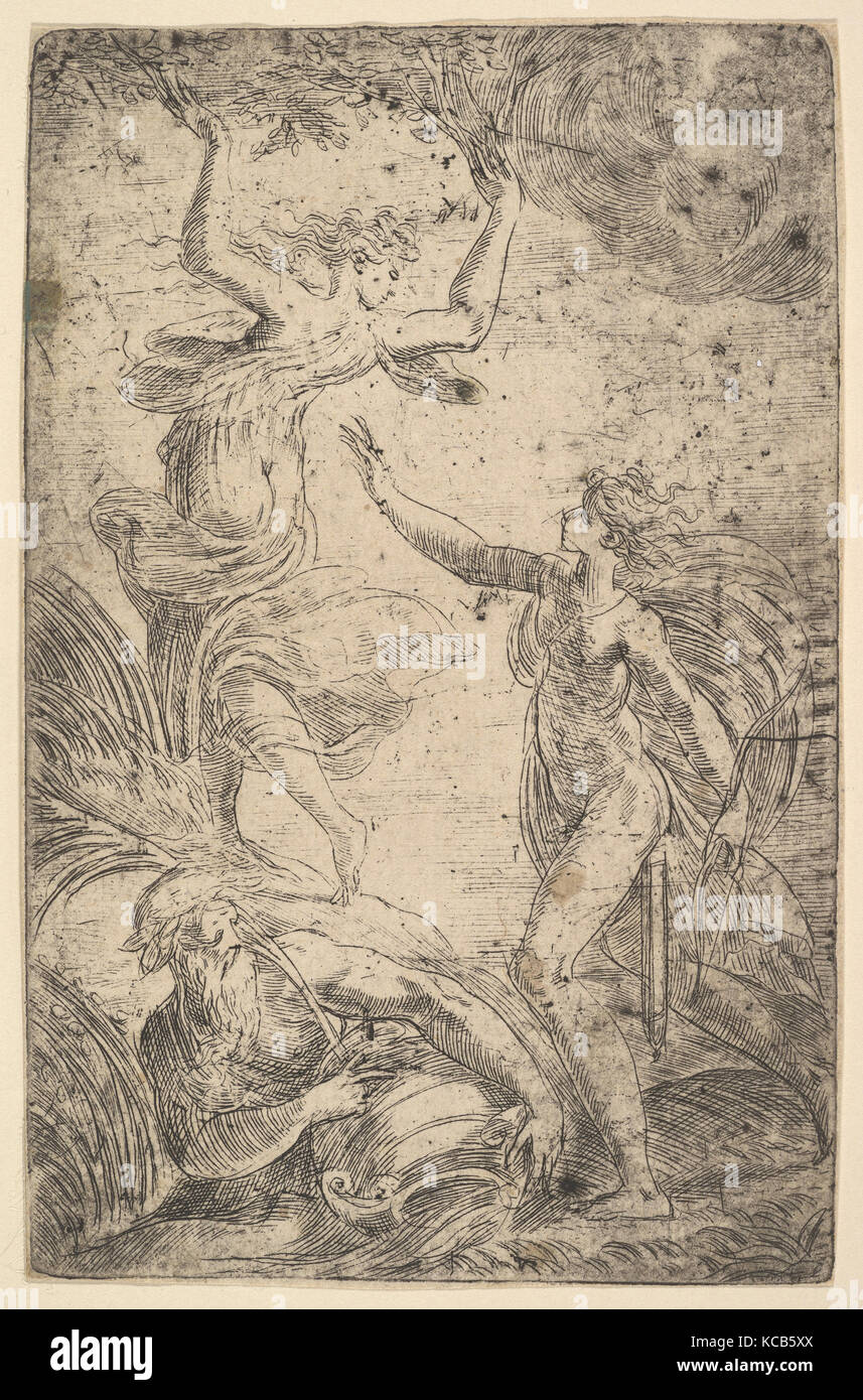 Apollo at right holding a bow chasing Daphne at the left, Andrea ...