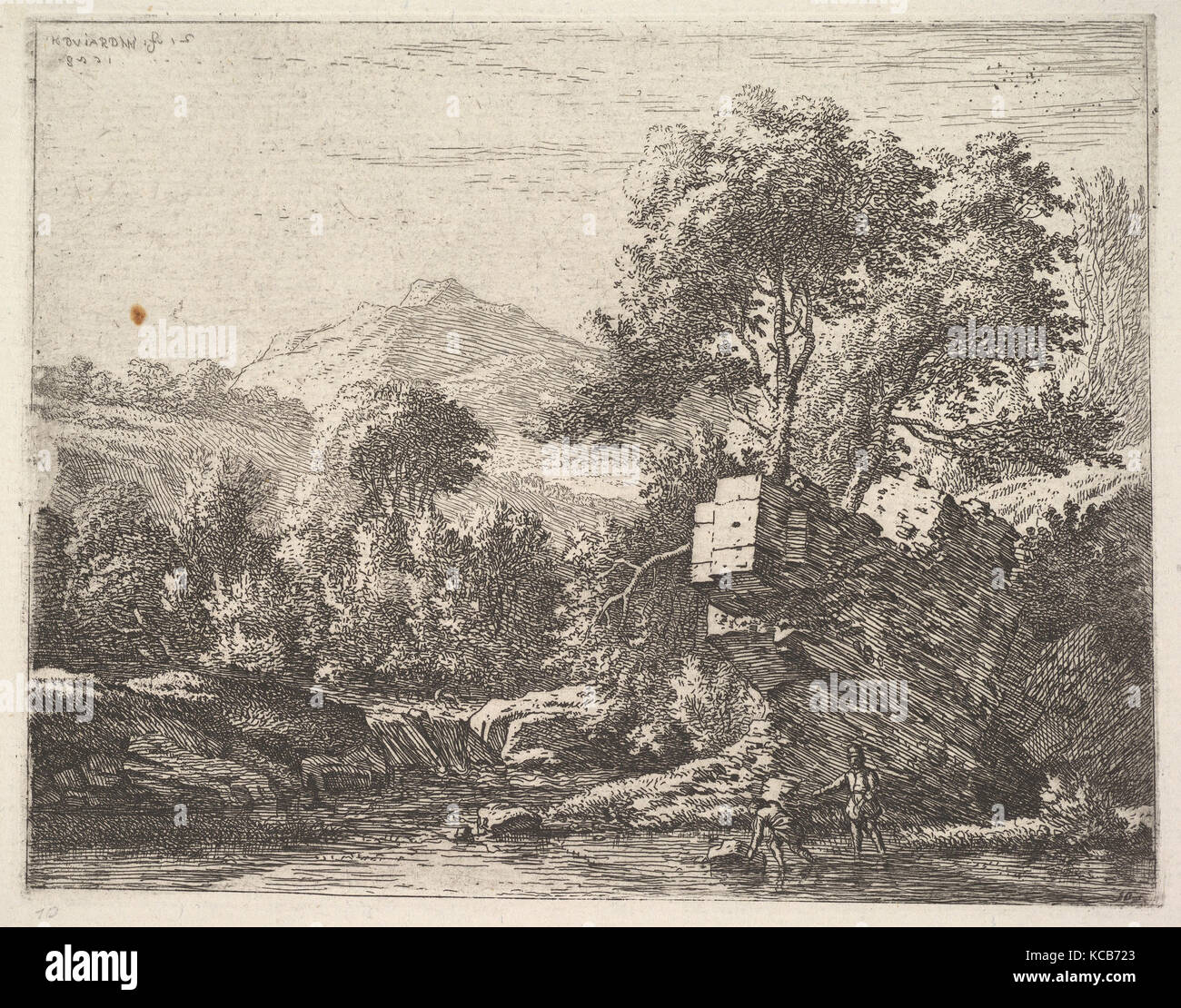 Two men standing ankle-deep in a body of water with a rocky outcrop ...