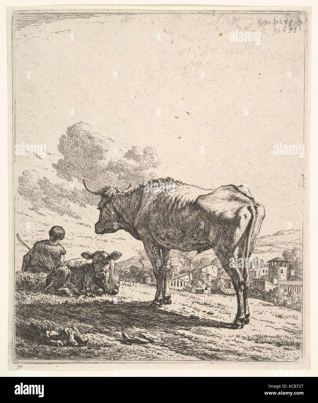 Cowherd with cow and calf on a hillside, the cowherd viewed from behind ...