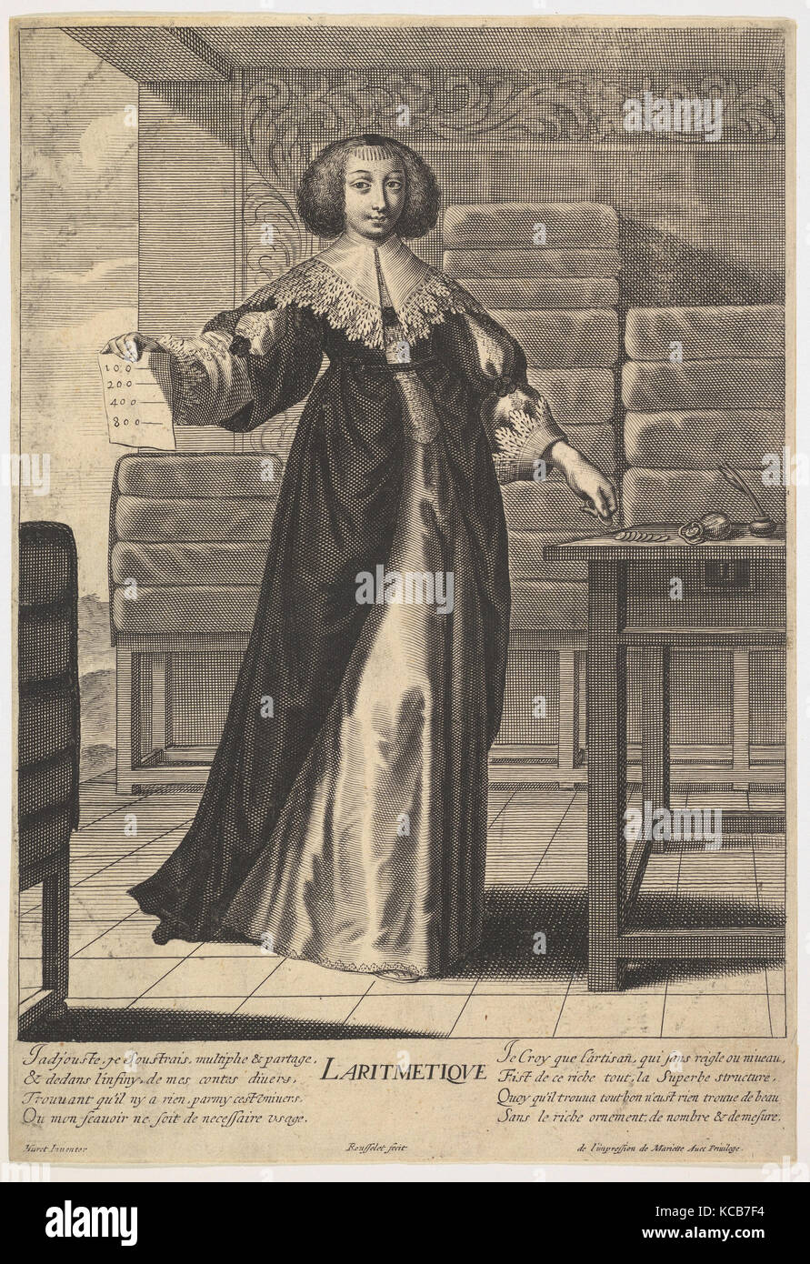 Arithmetic: a young woman standing at a table, holding a sheet with ...