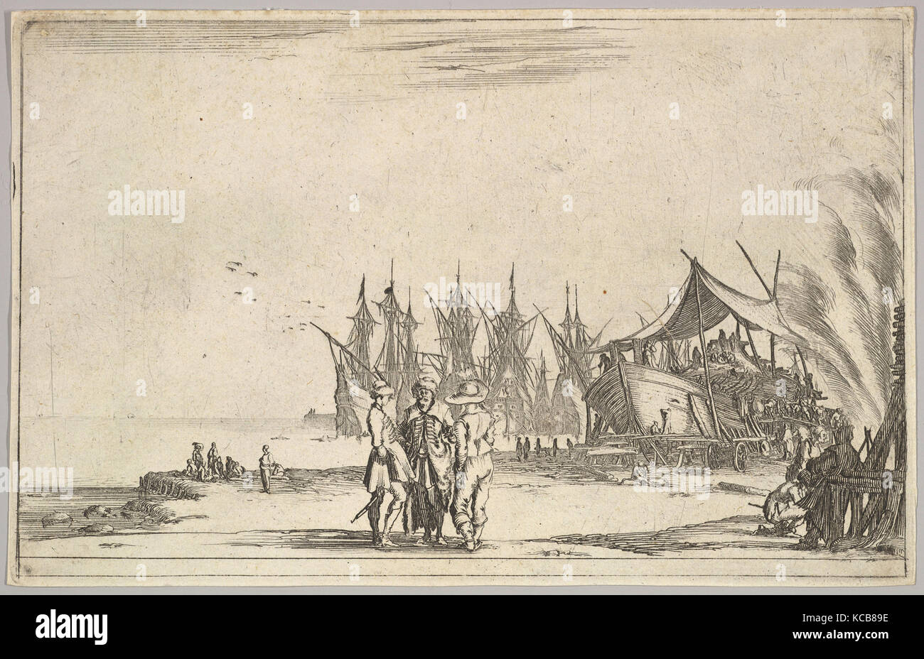 Three men wearing hats standing in center, men fixing a ship to right ...