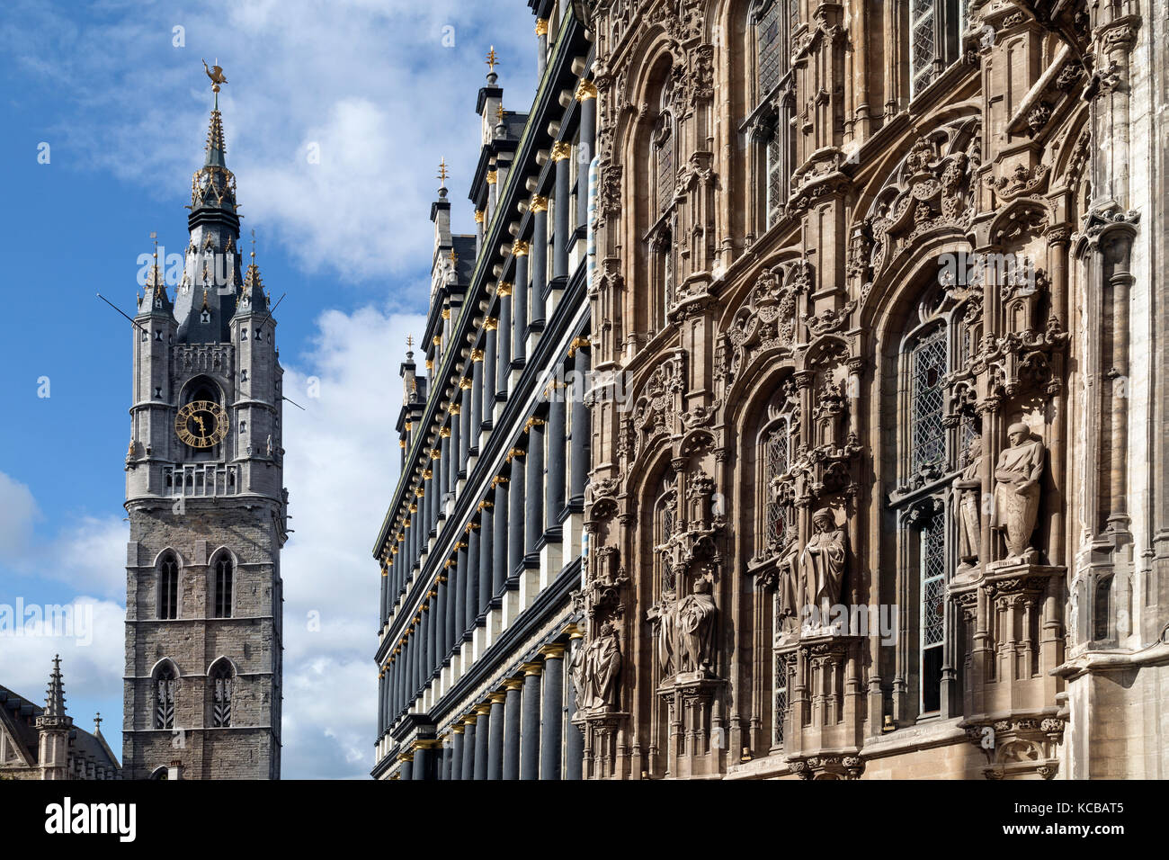 The Belfort (Belfry) and the Stadhuis in Ghent, Belgium. The 91-metre ...
