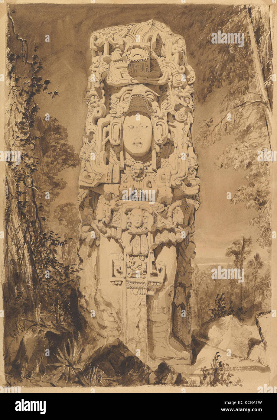 Stela at Copan, 1843, Sepia wash over graphite, 22-7/16 x 16-1/16 in ...