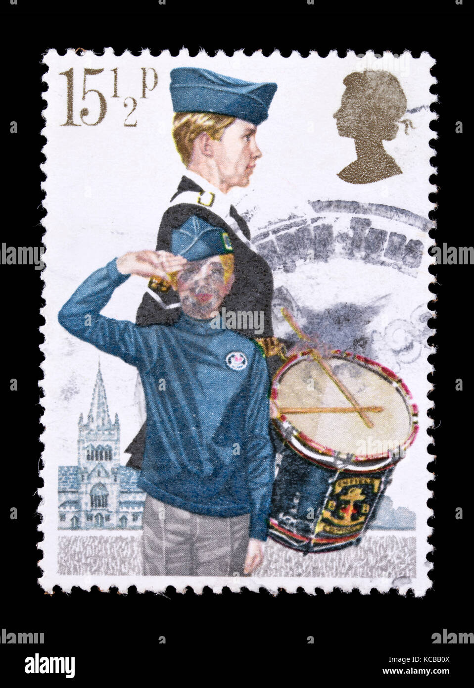 Postage stamp fro Great Britain depicting a saluting boy and drummer ...