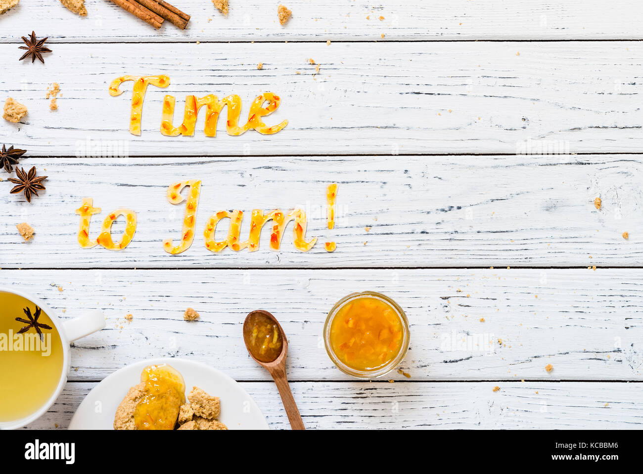 Food typography Time to Jam on white wooden rustic background. Orange ...