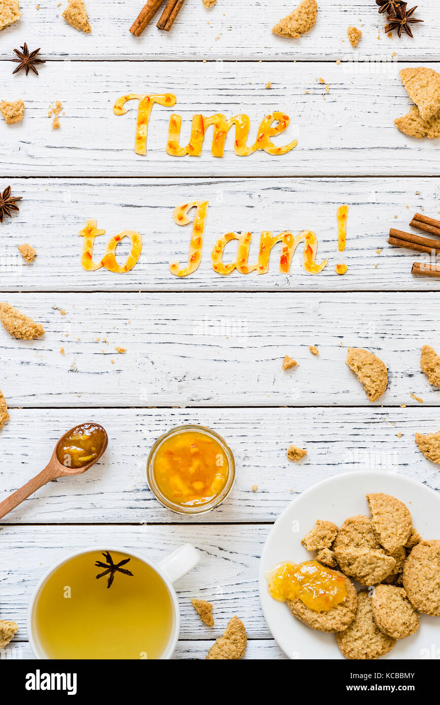 Food typography Time to Jam on white wooden rustic background. Orange ...