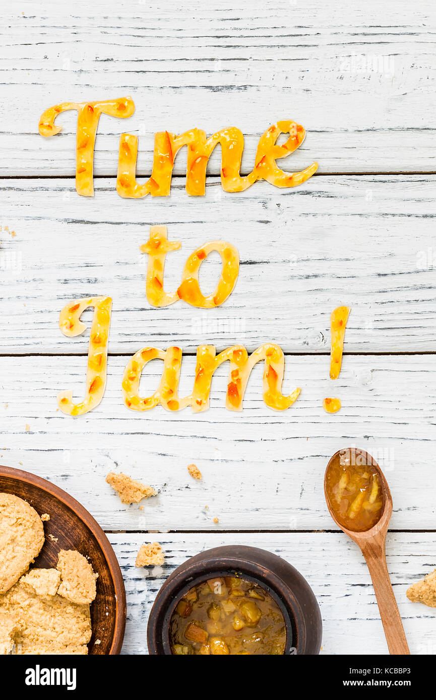 Food typography Time to Jam on white wooden rustic background. Orange ...